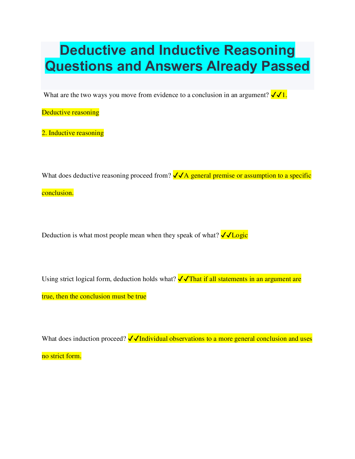 Deductive and Inductive Reasoning Questions and Answers Already Passed - Scholarfriends